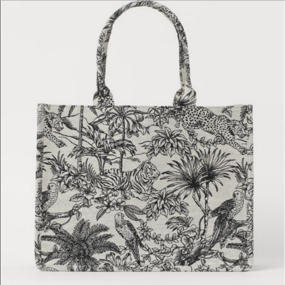 H&M | Bags | New Hm Jacquard Weave Jungle Design Tote Bag Cream And ...